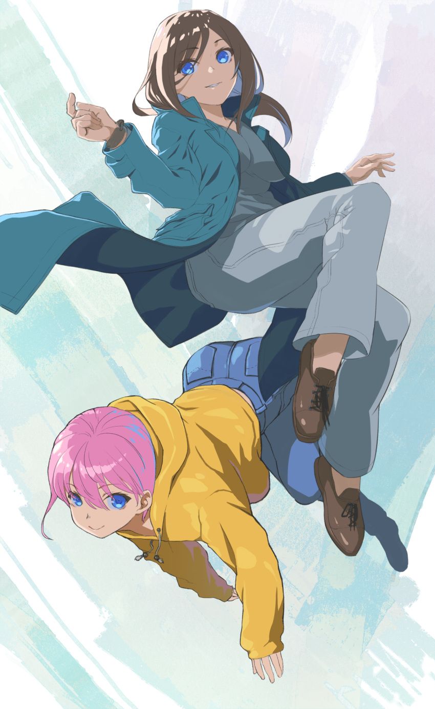 Safebooru - 2girls blue eyes blue jacket blue shirt brown footwear ...