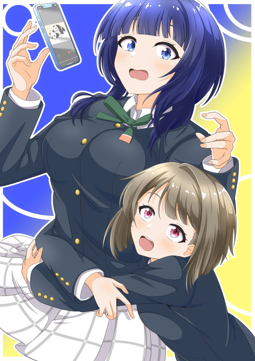 Safebooru - 2girls asaka karin black jacket blue eyes blue hair blunt bangs blush breasts ...
