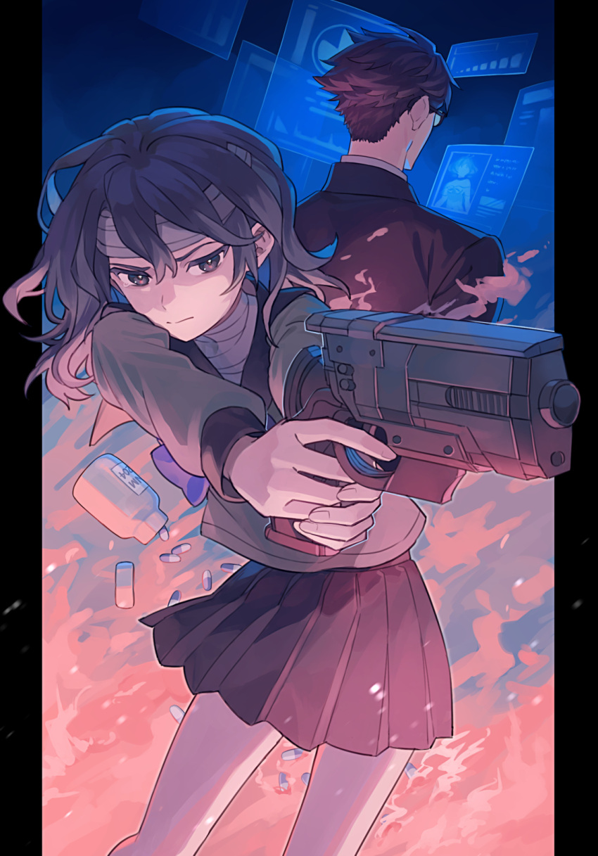 Safebooru - 1boy 1girl aiming bandaged chest bandaged head bandaged neck bandages black skirt ...