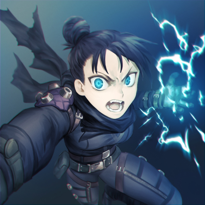 Safebooru - 1girl apex legends belt black hair black scarf blue background blue eyes bodysuit ...