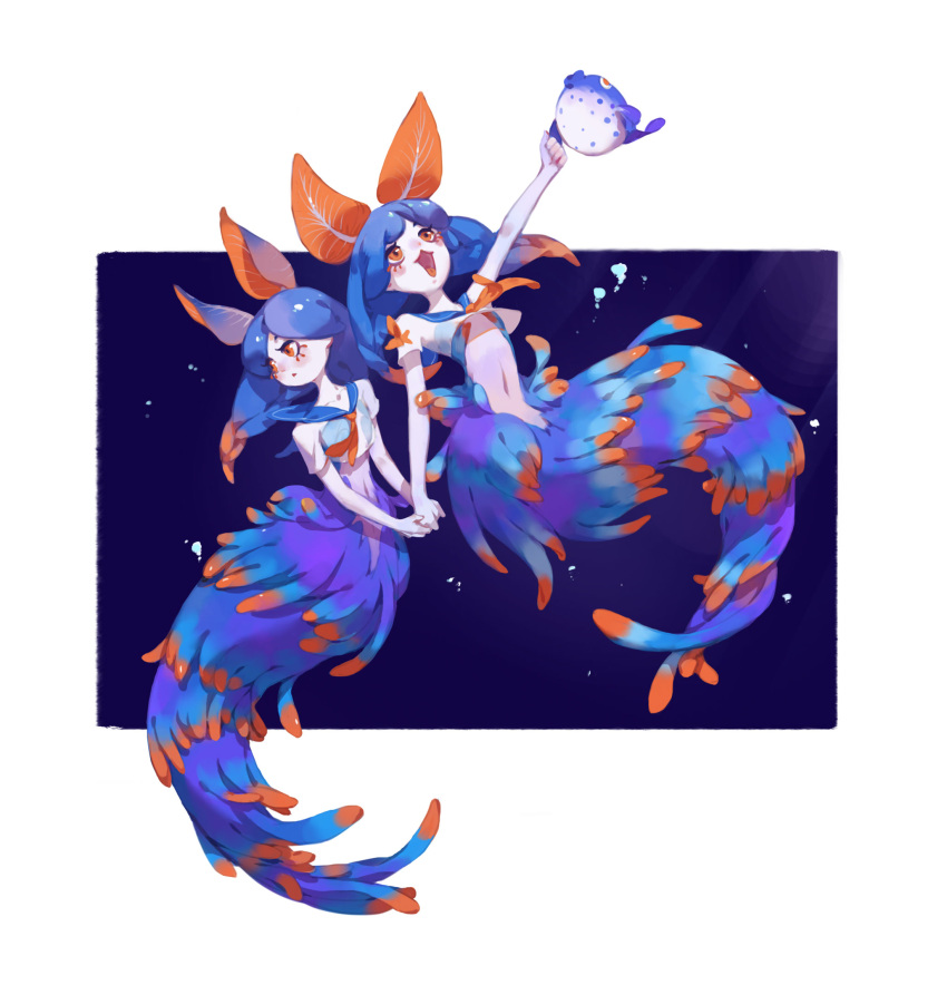 Safebooru - 2girls :3 arm up blue hair border braid bubble clone ...