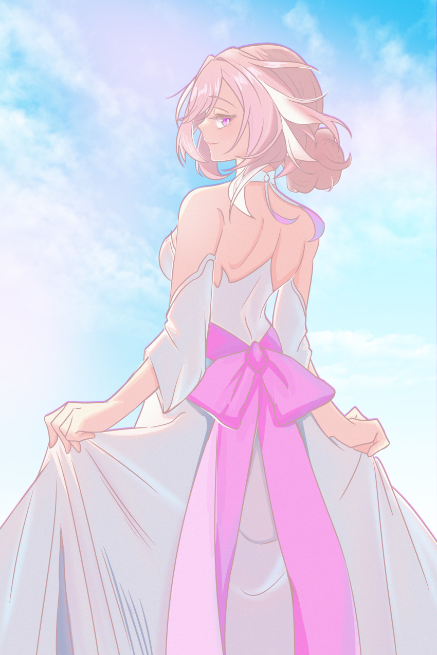 Safebooru - 1girl absurdres alternate costume back blue sky breasts diamond-shaped pupils ...