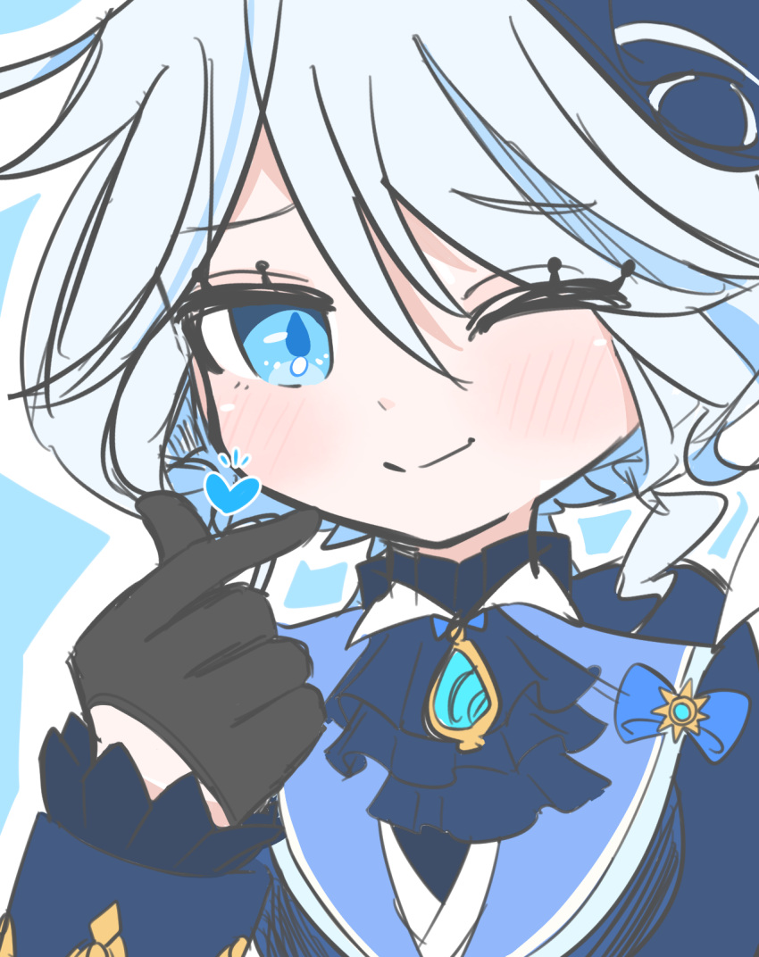 Safebooru - 1girl aqua background arm up ascot blue ascot blue bow blue eyes blue hat blue ...