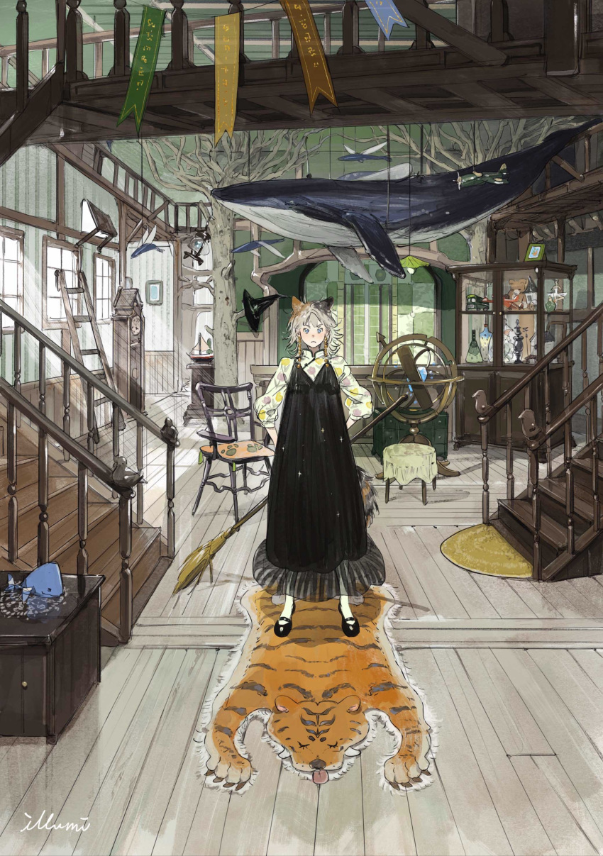 Safebooru - 1girl absurdres animal animal ears animal print arms behind back artist name blue ...