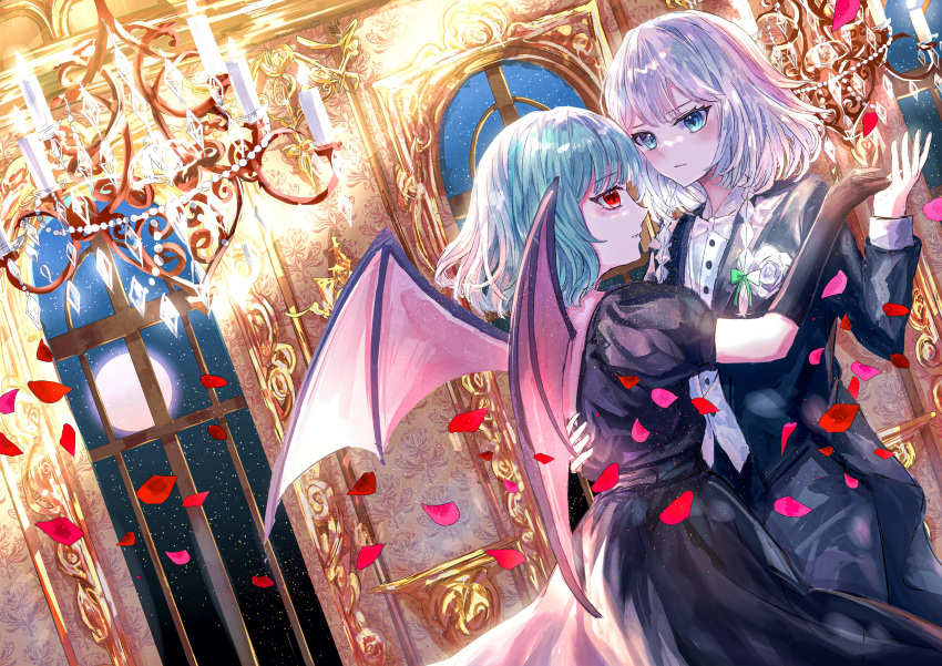 Safebooru - 2girls absurdres alternate costume bat wings black dress black suit blue eyes blush ...