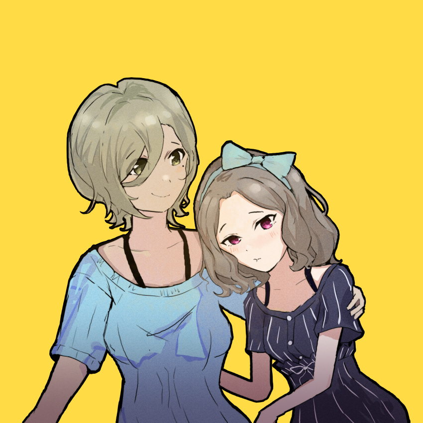 Safebooru - 2girls absurdres blue shirt blue sweater blush bow brown eyes brown hair closed ...