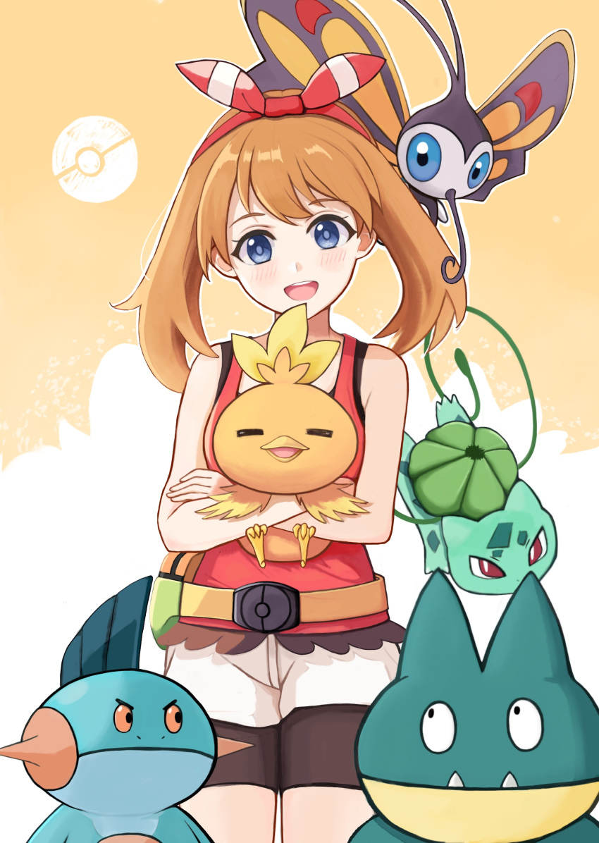 Safebooru - 1girl :d absurdres beautifly bike shorts blue eyes blush bow hairband bulbasaur ...