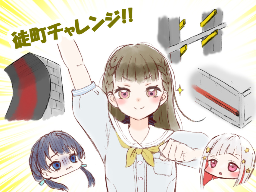 Safebooru - 3: 3girls arm up blue dress blue eyes blue hair blue ribbon ...