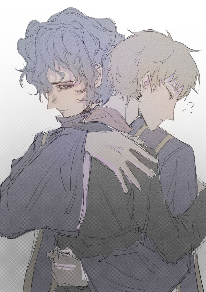 Safebooru - 2boys ? absurdres atou haruki black jacket blonde hair blue hair brown sweater bulin ...