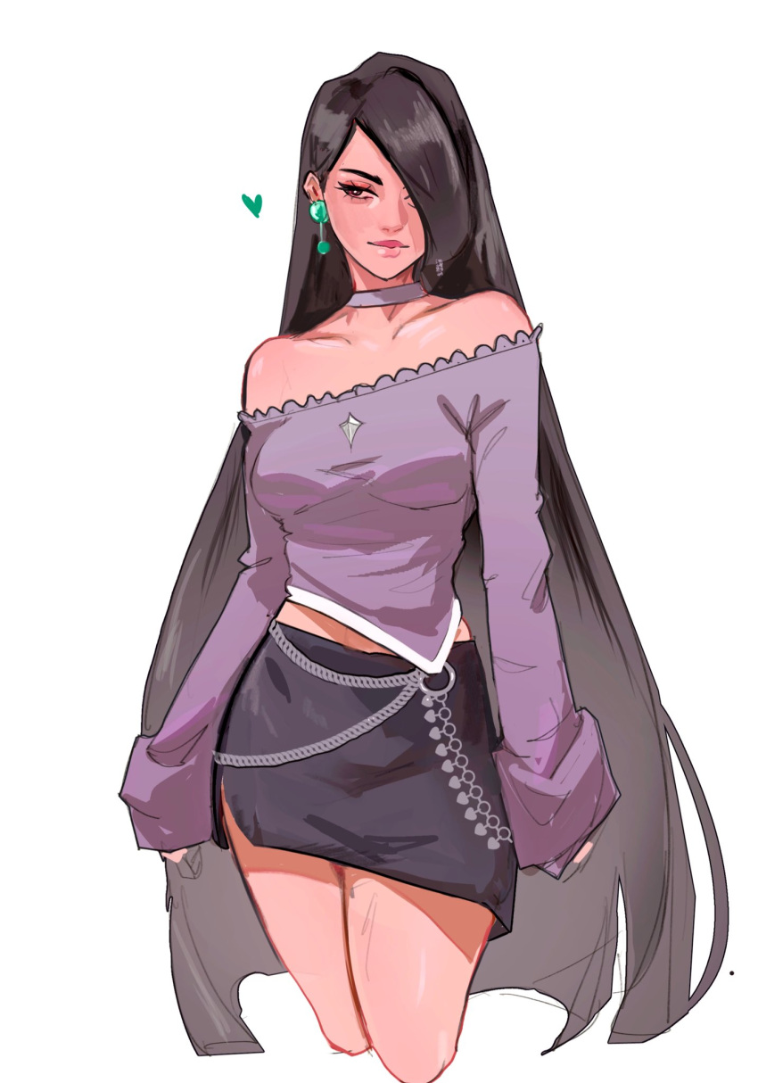 Safebooru - 1girl alternate costume bare shoulders black hair black skirt brown eyes casual ...