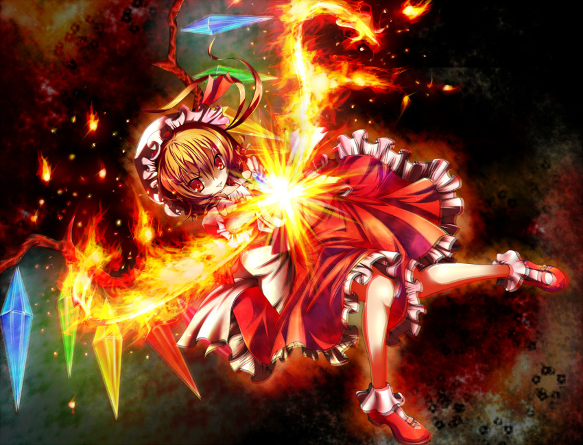 Safebooru - 1girl arkcide blonde hair blurry crystal wings fire flandre ...