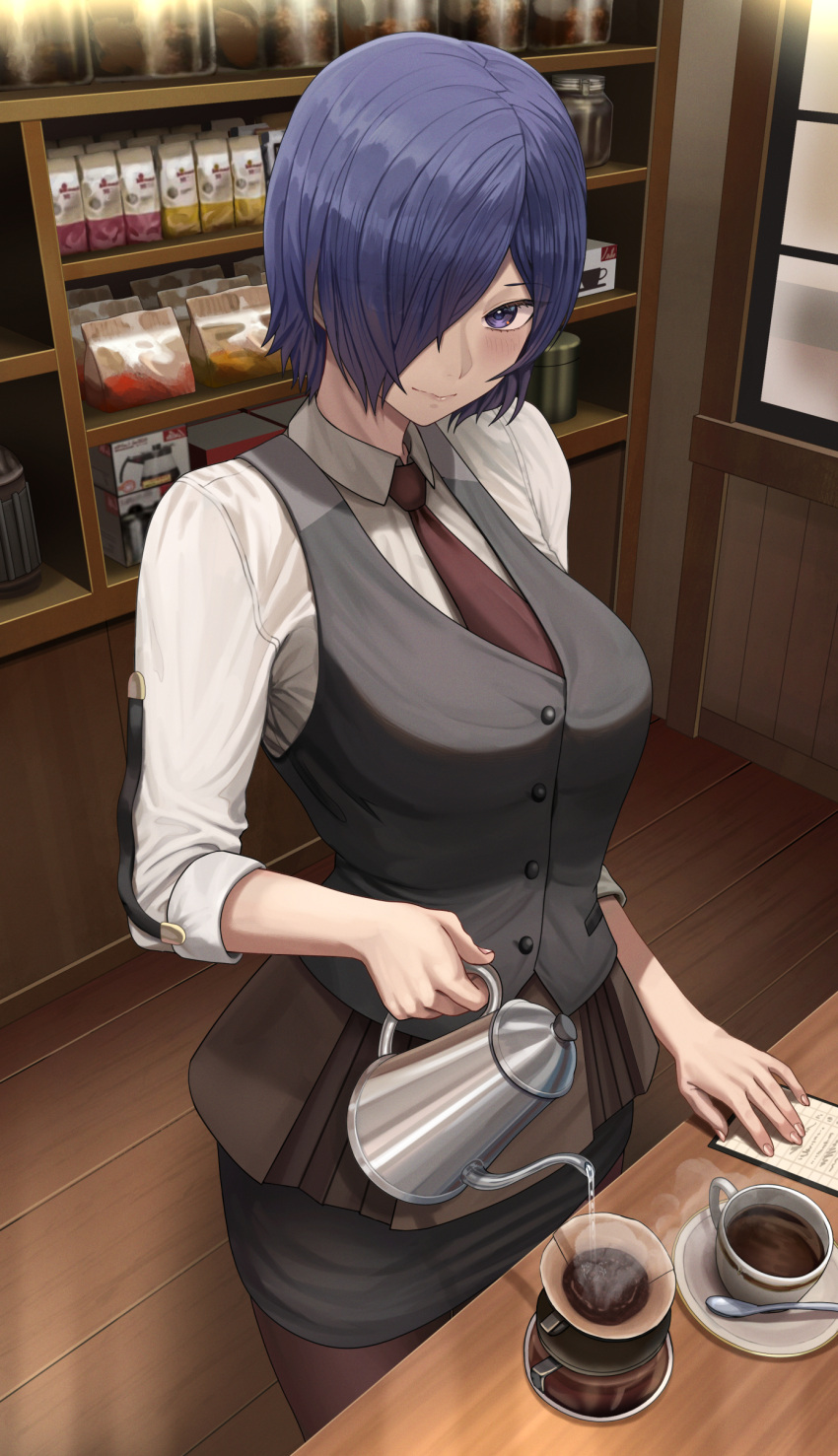 Safebooru - 1girl absurdres black skirt blue hair blush breasts cafe closed mouth counter cup ...