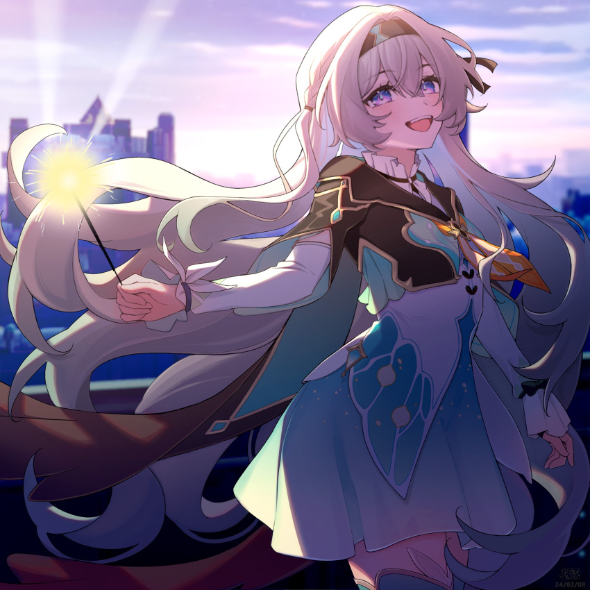 Safebooru - 1girl :d black hairband breasts cityscape collared shirt cowboy shot cropped jacket ...