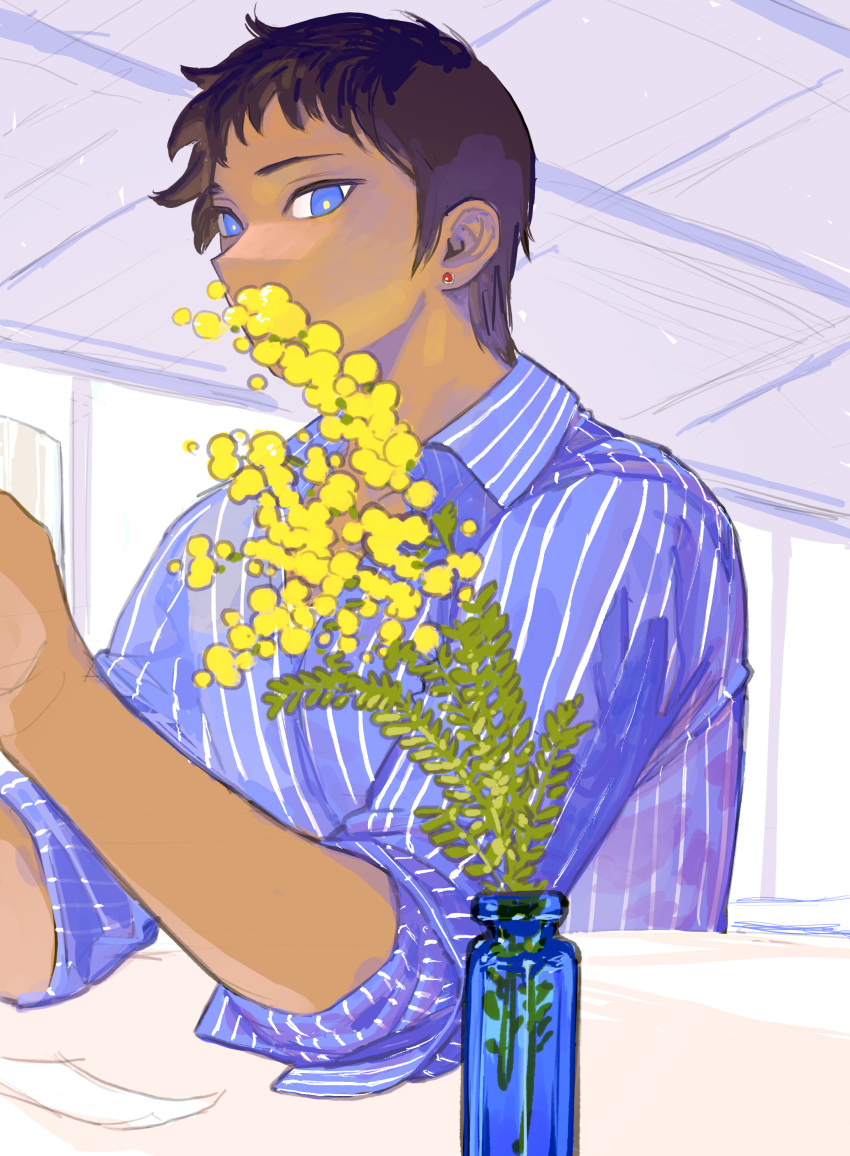 Safebooru - 1boy absurdres blue eyes blue shirt brown hair collared shirt covered mouth dark ...