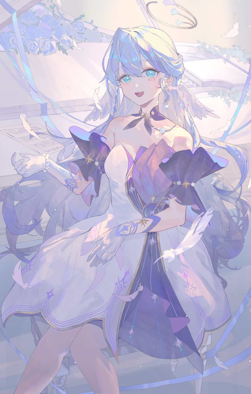 Safebooru - 1girl absurdres aqua eyes asymmetrical gloves bare shoulders bead bracelet beads ...