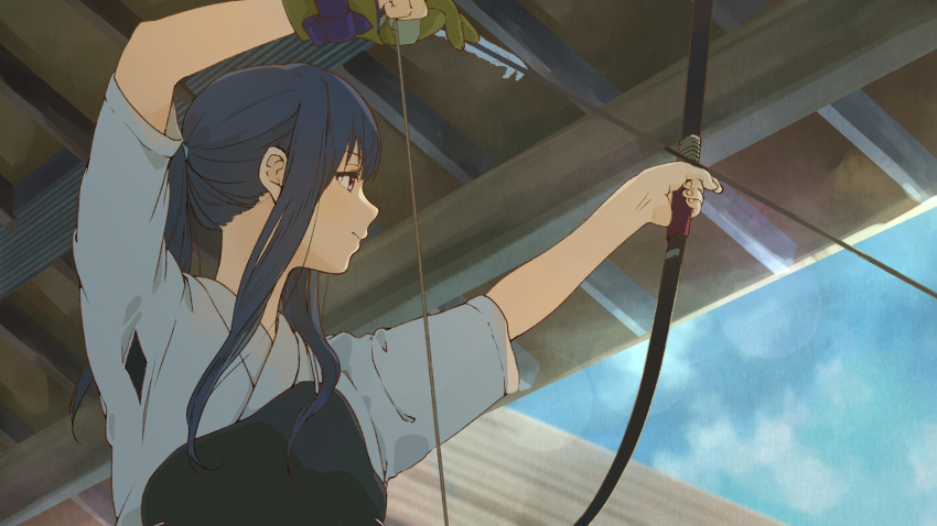 Safebooru - 1girl archery arrow (projectile) black hair bow (weapon) from below fuyuhino gloves ...