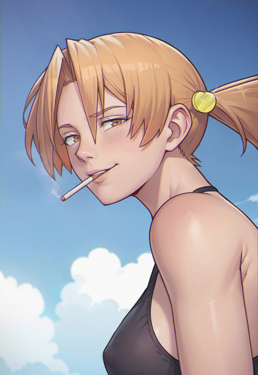Safebooru - 1girl absurdres breasts cigarette clouds commentary dvach-tan everlasting summer ...