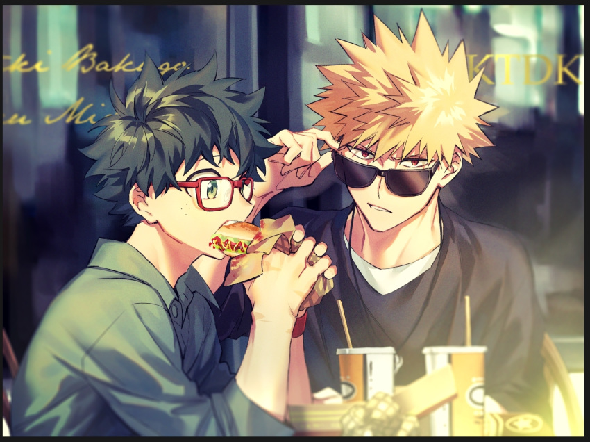 Safebooru - 2boys adjusting eyewear arm up arms up bakugou katsuki ...