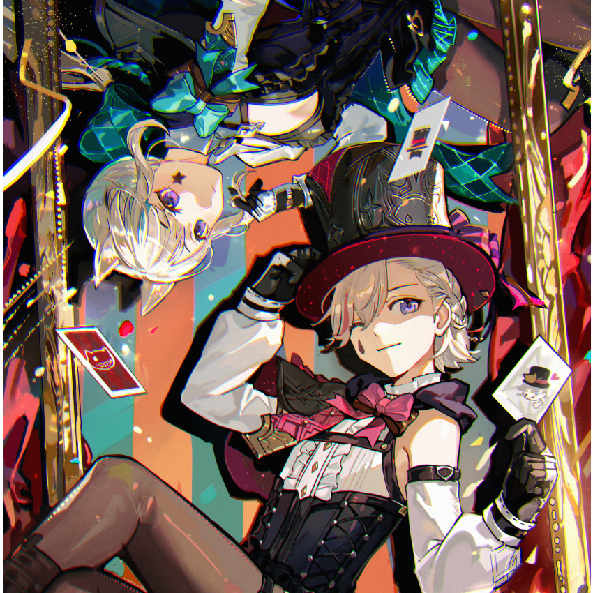 Safebooru - 1boy 1girl absurdres adjusting clothes adjusting headwear card chromatic aberration ...