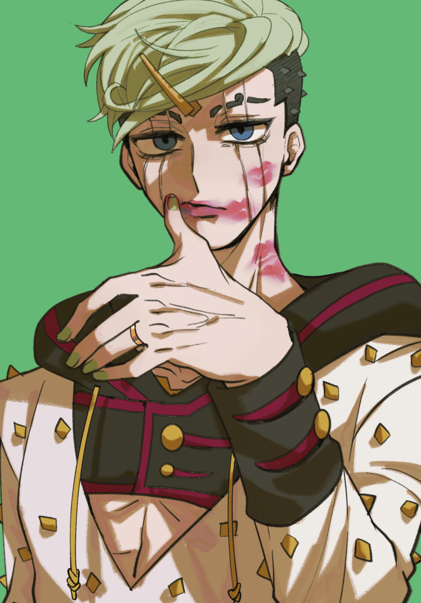 Safebooru - 1boy after kiss blue eyes facial mark finger to mouth green ...