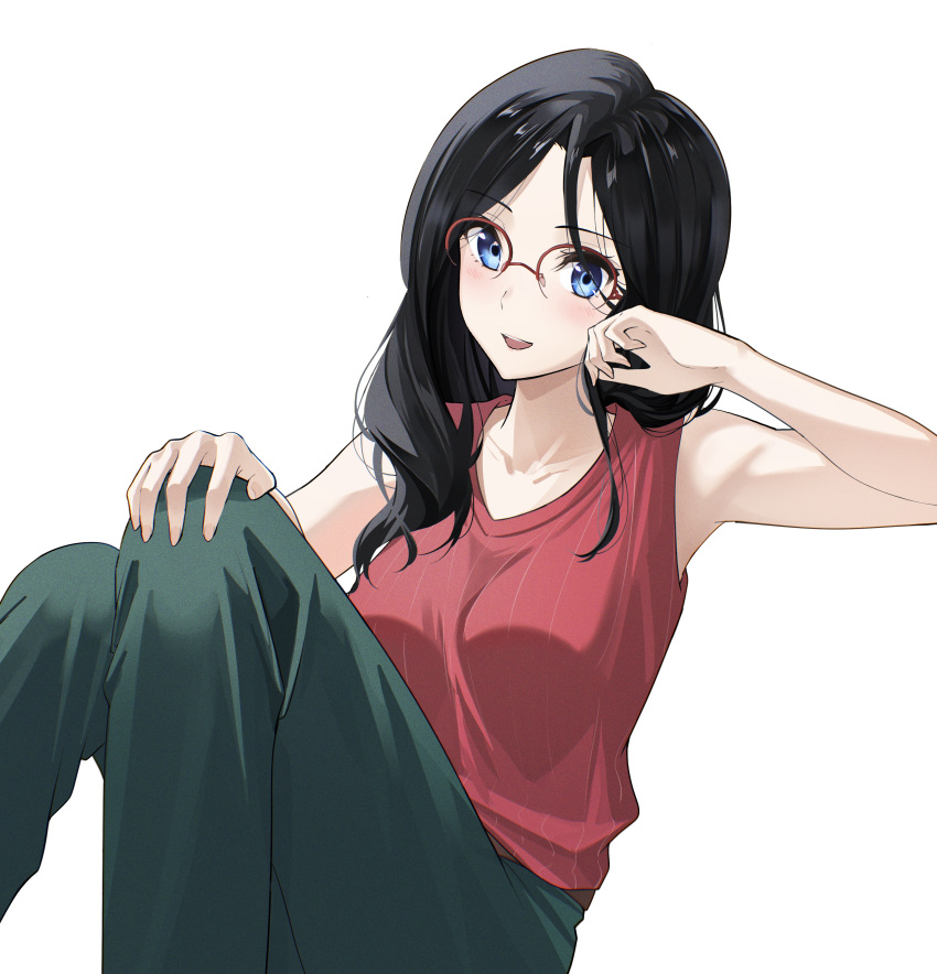 Safebooru - 1girl absurdres akane (tgixb) bare arms black hair blue eyes breasts green pants ...
