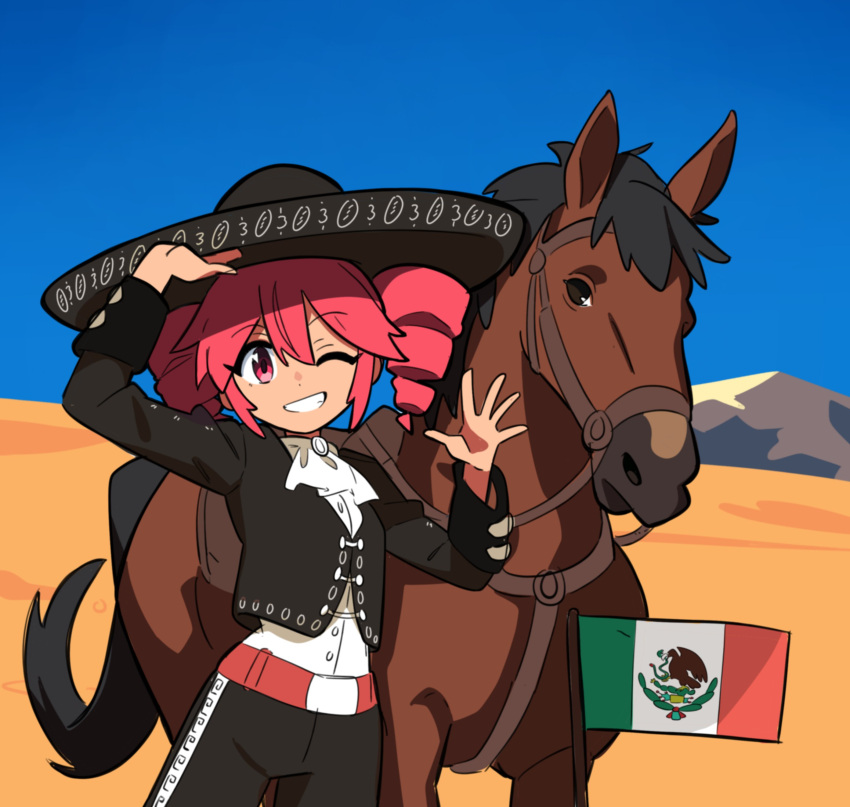 Safebooru - 1girl absurdres arm up black jacket blue sky desert drill ...