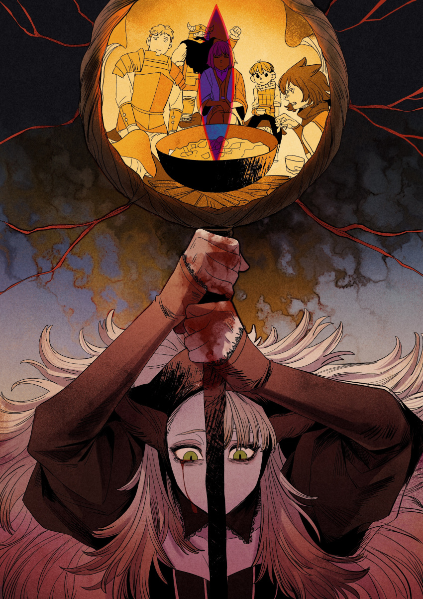 Safebooru - 3boys 3girls absurdres ambrosia (dungeon meshi) arms up blonde hair blood blood from ...