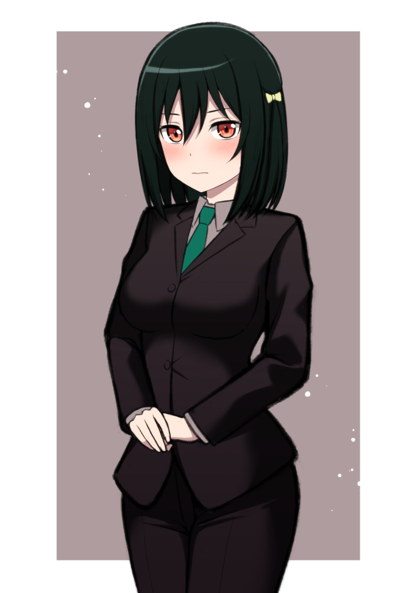 Safebooru - 1girl black jacket black pants black suit blush border closed mouth collared shirt ...