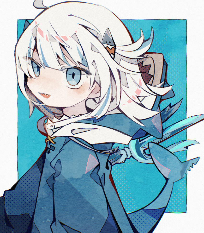Safebooru - 1girl :d absurdres ahoge animal hood blue eyes blue hair blue hoodie fins fish tail ...