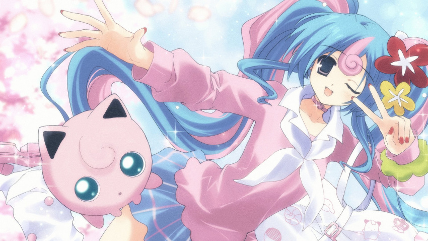 Safebooru - 1girl 2000s (style) ;d blue hair blue skirt choker ...