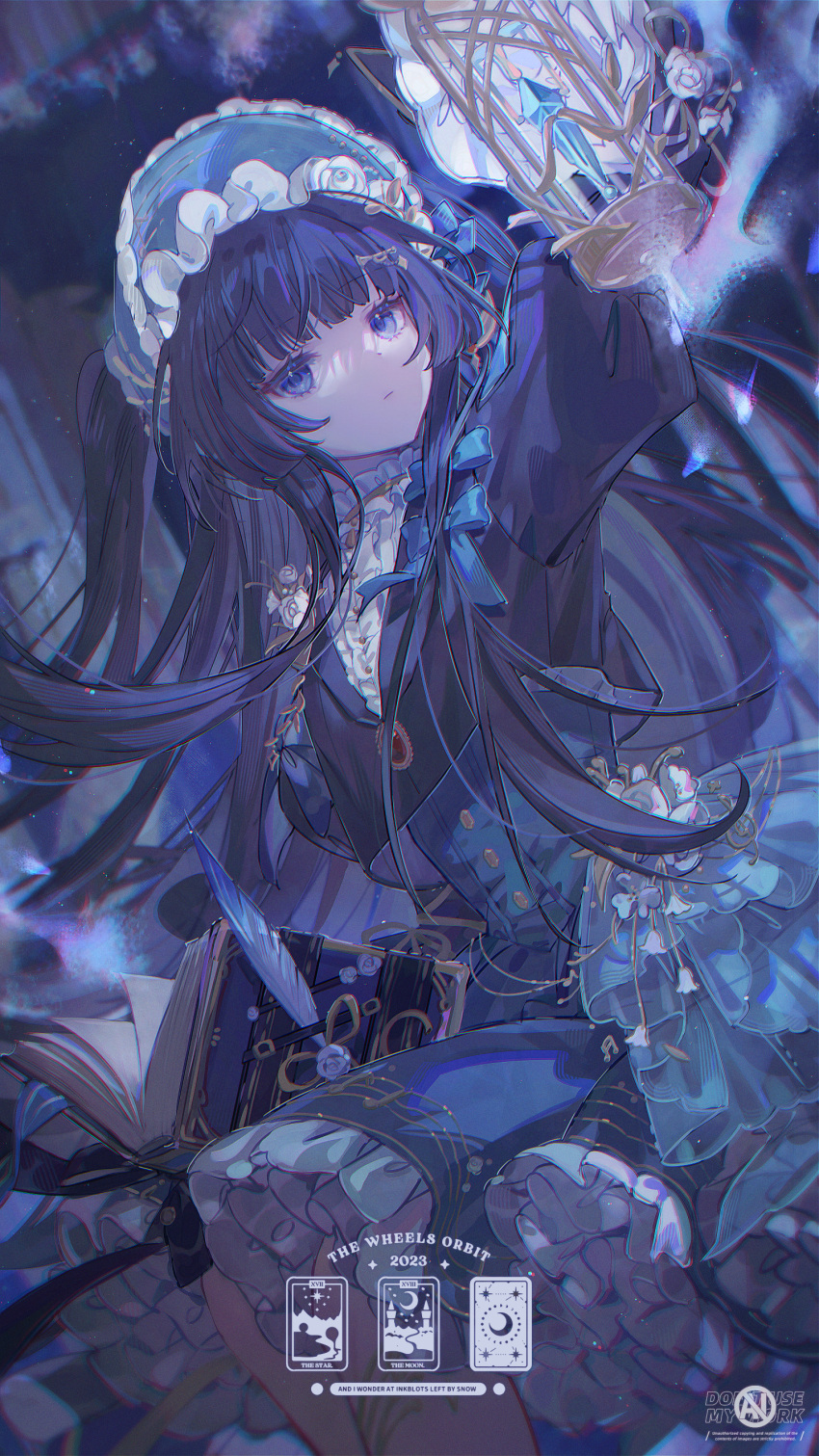 Safebooru - 1girl absurdres black dress black hair blue eyes blue ribbon blurry blurry ...