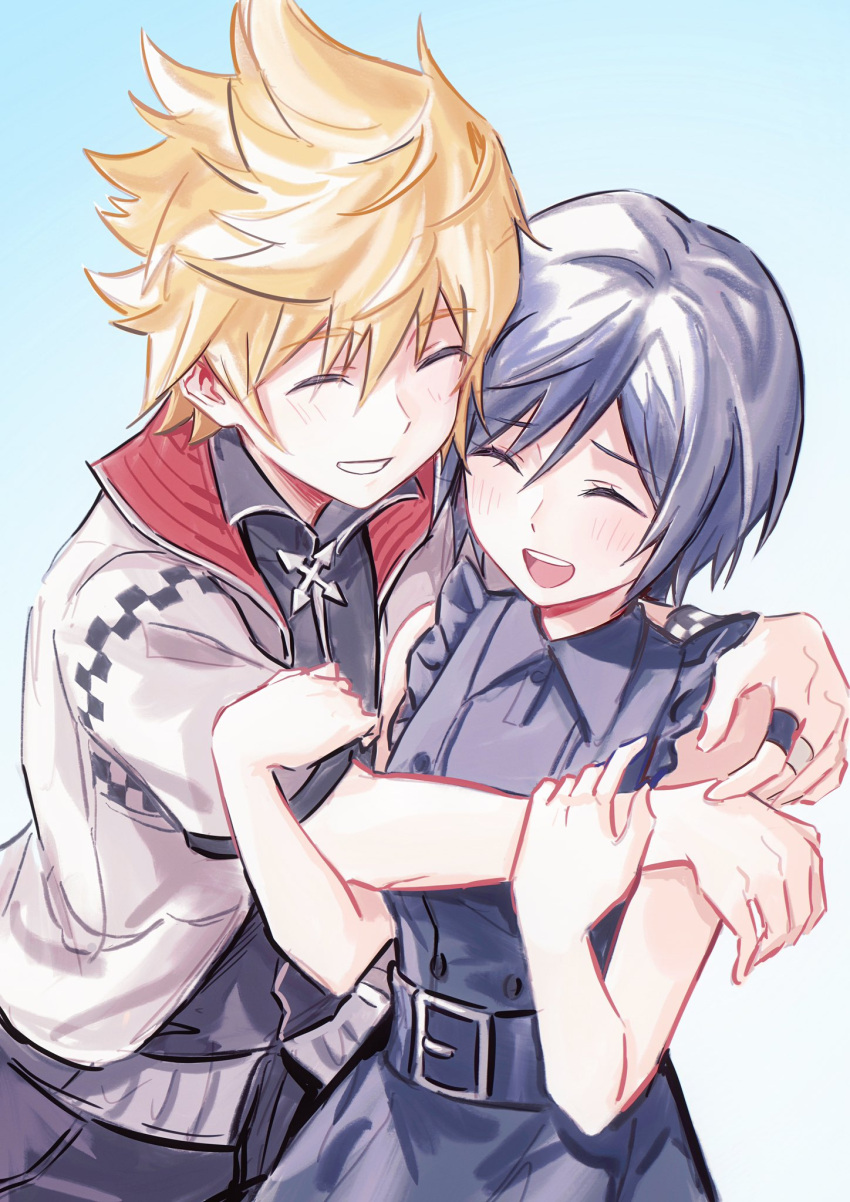 Safebooru - 1boy 1girl belt black hair blonde hair happy highres hug ikooto111 jacket kingdom ...