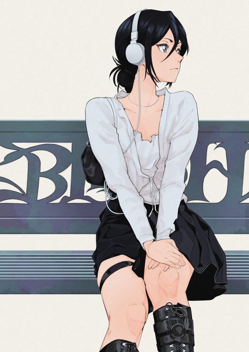 Safebooru - 1girl absurdres bag bench black bag black footwear black hair black skirt bleach ...