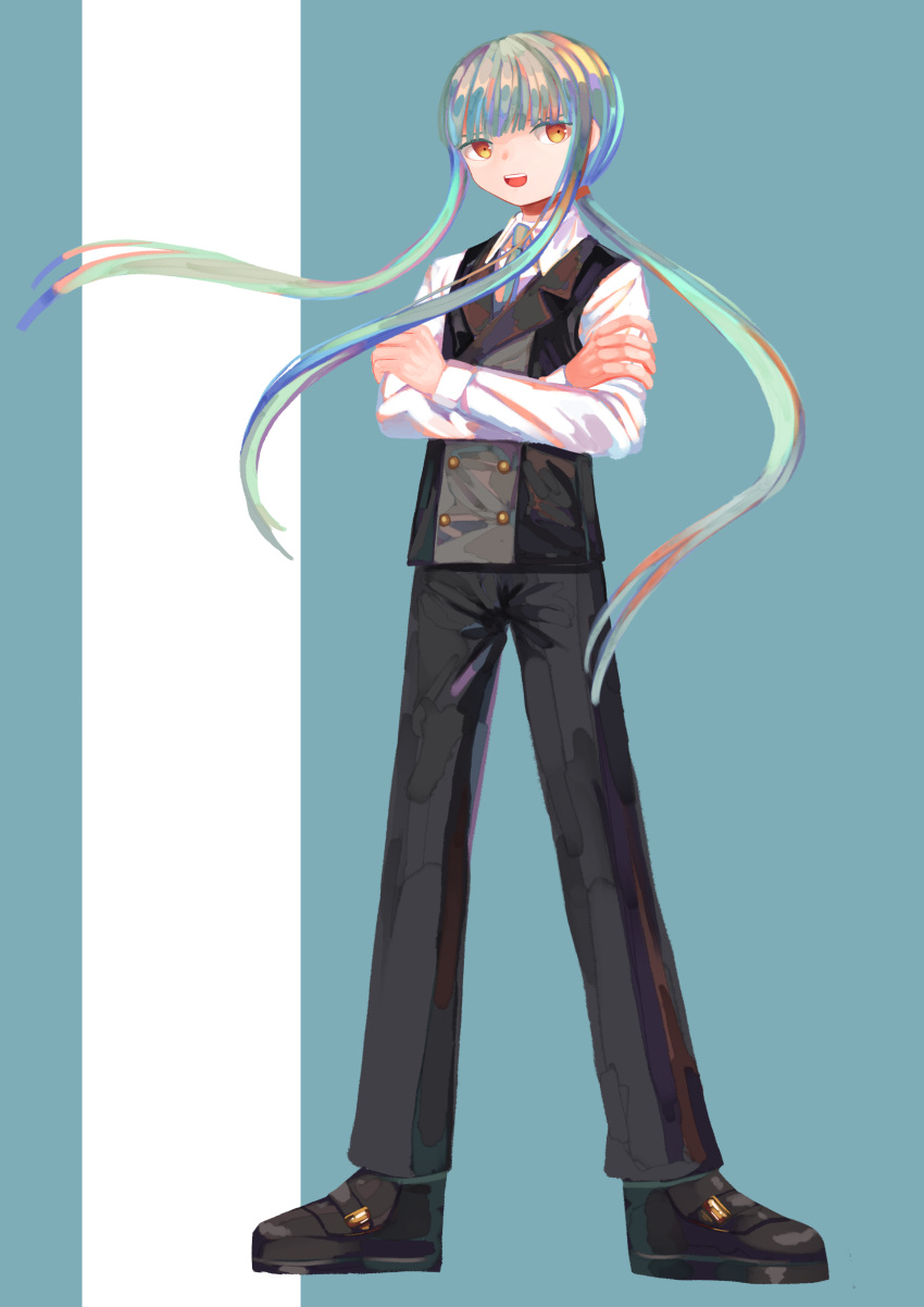 Safebooru - :d absurdres androgynous aqua background aqua hair black footwear black pants black ...