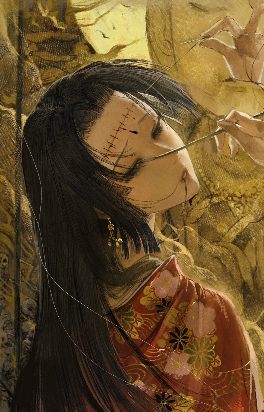 Safebooru - 1girl 1other black hair earrings from behind furrowed brow ...