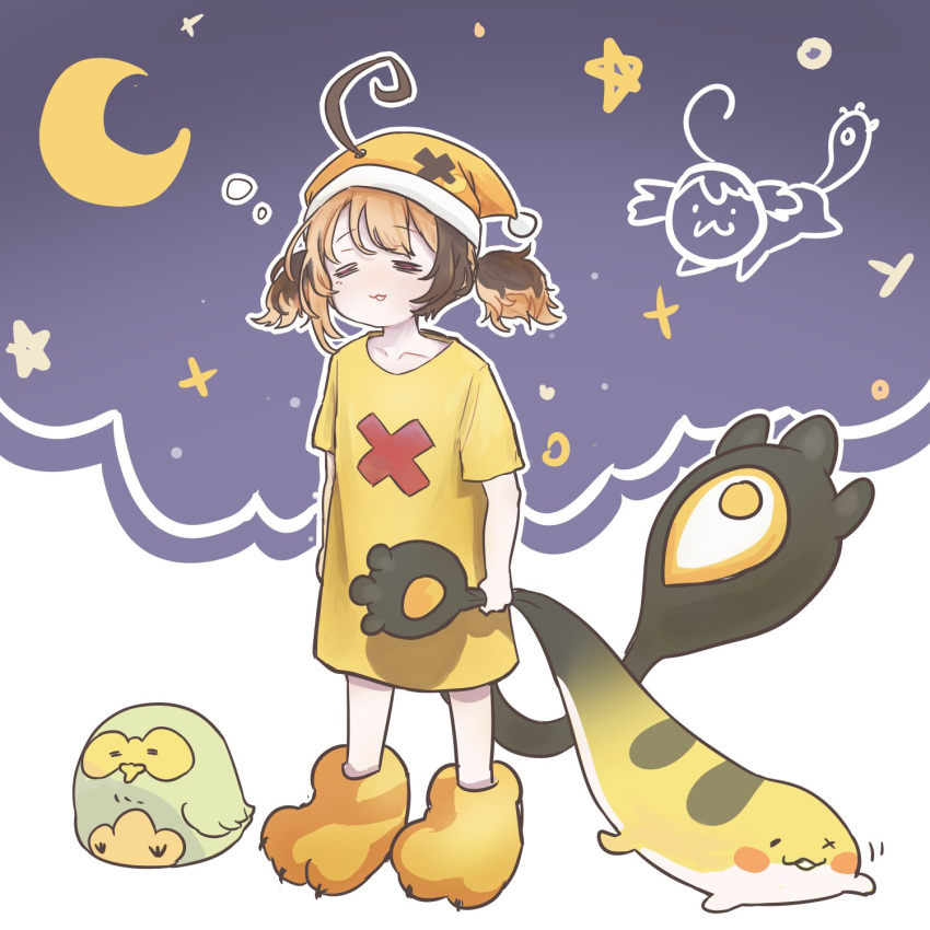 Safebooru - 1girl ahoge brown hair crescent moon gawuri gigi murin hat ...