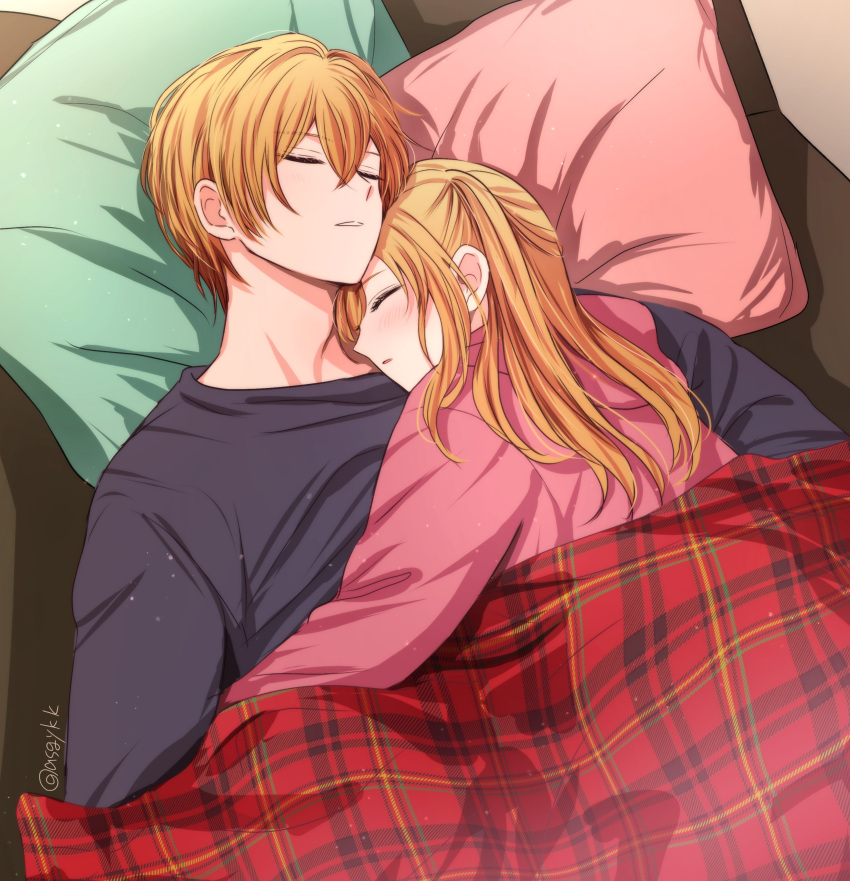 Safebooru - 1boy 1girl absurdres asgykk black shirt blanket blonde hair blush brother and sister ...