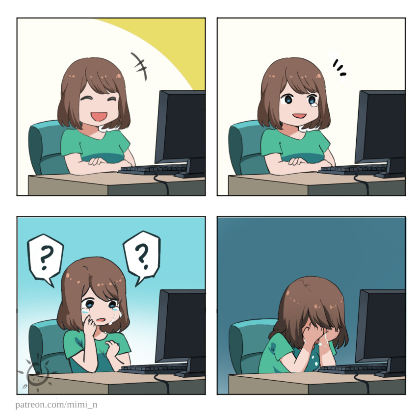 Safebooru - 1girl ? blue eyes brown hair chair computer computer ...