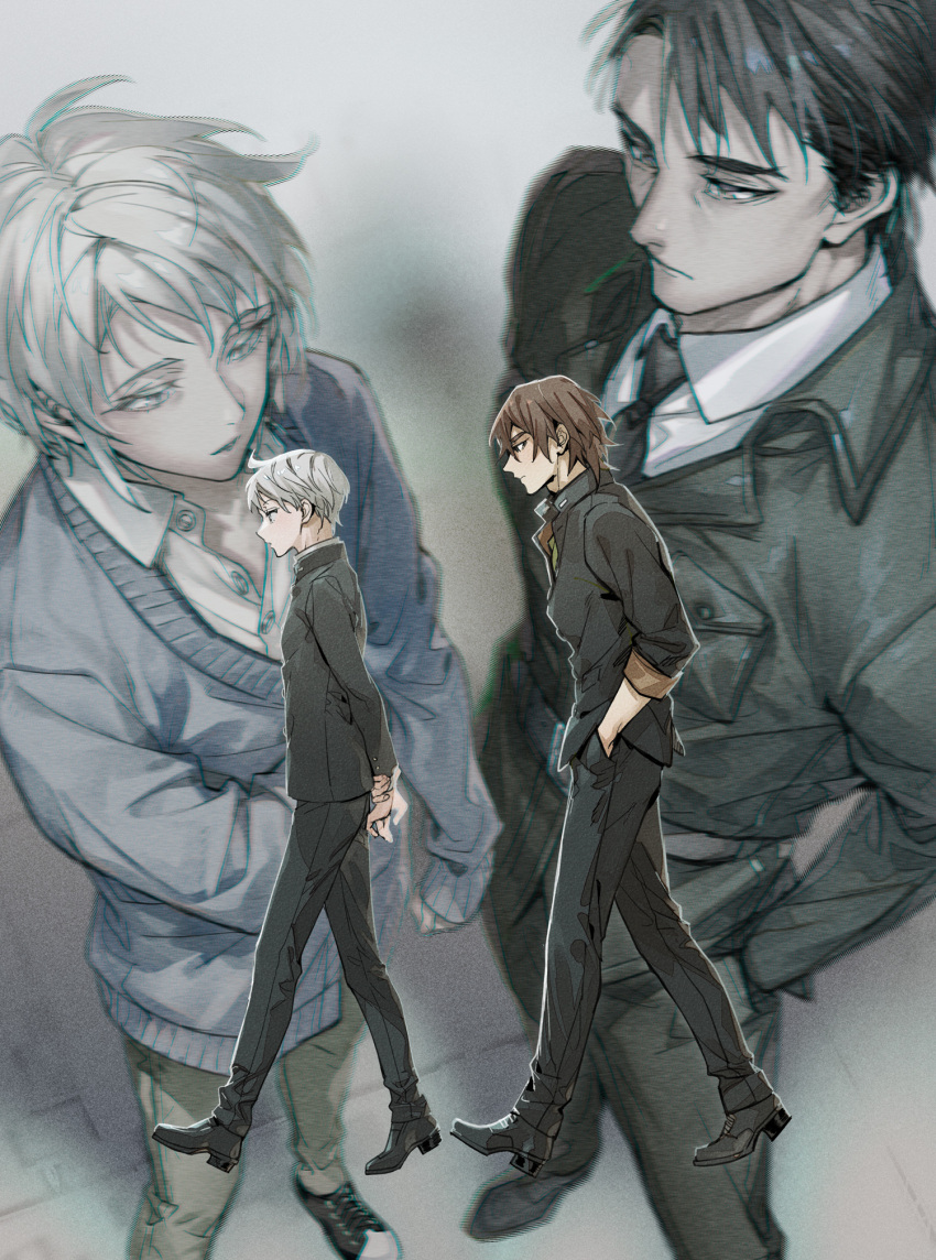 Safebooru - ahoge arms behind back black footwear black hair black jacket black necktie black ...