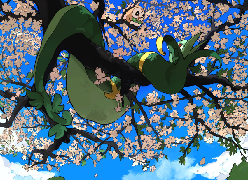 Safebooru - aomon (yuuji7604) bird black eyes branch clouds cloudy sky flower full body highres ...