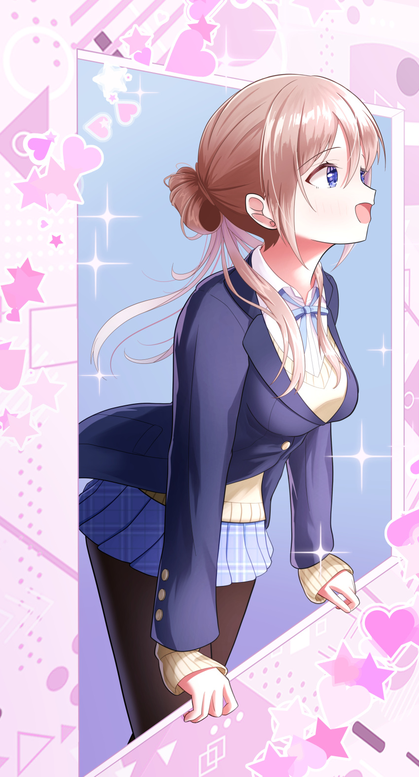 Safebooru - 1girl absurdres black pantyhose blue eyes blue jacket blue ribbon blue skirt blush ...