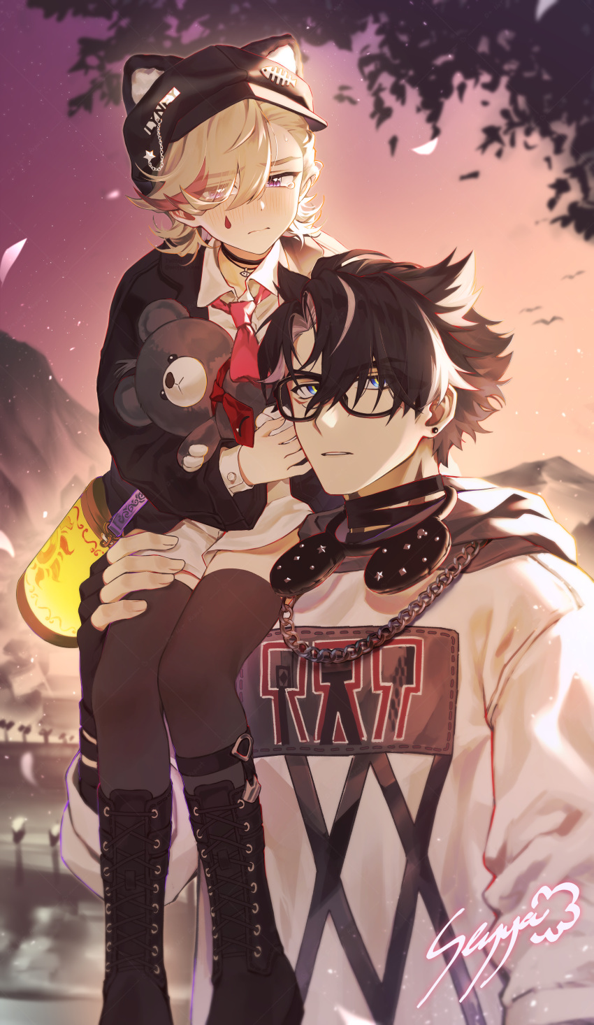 Safebooru - 2boys absurdres alternate costume bandaged neck bandages black bandages black ...