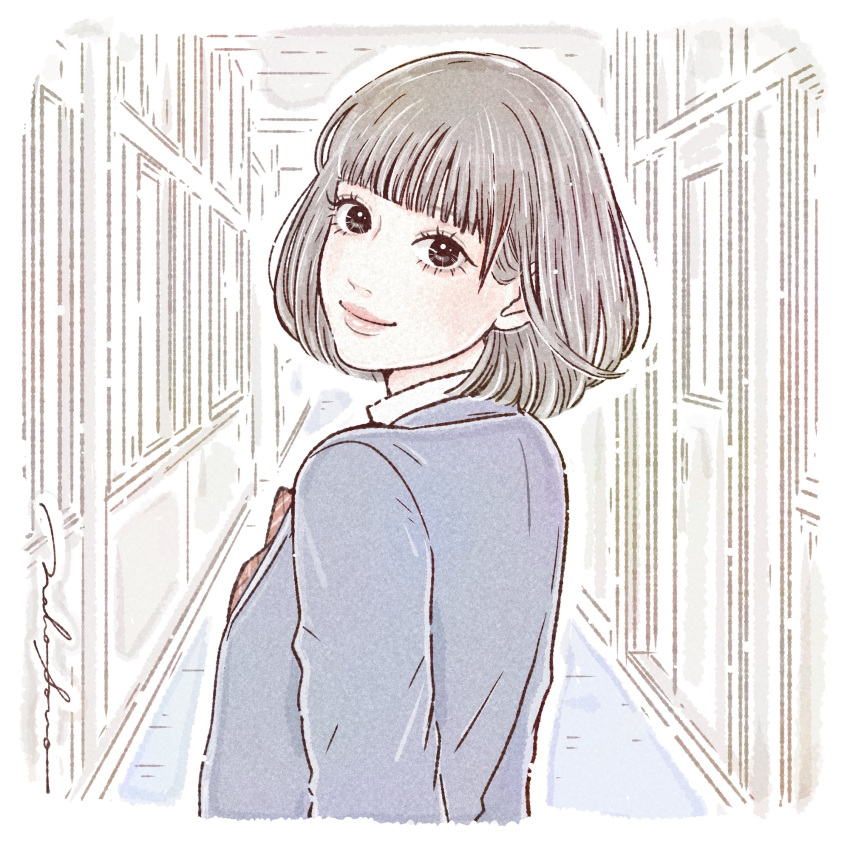 Safebooru - 1girl arms behind back blazer blunt bangs brown eyes brown hair door highres indoors ...