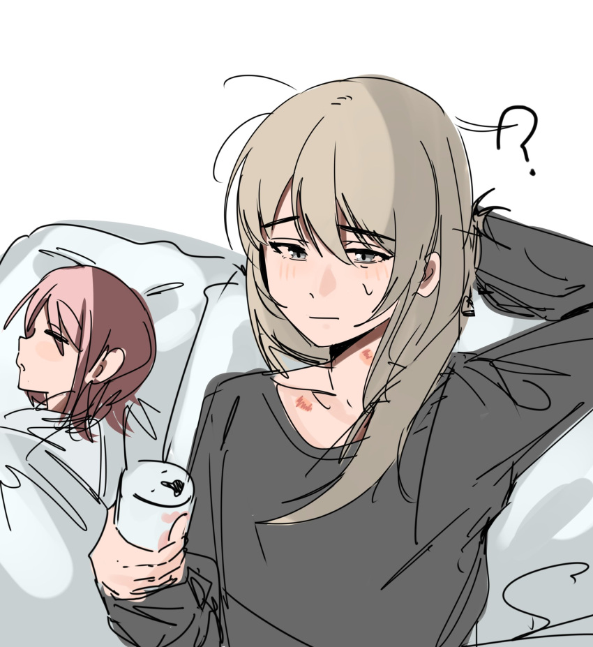 Safebooru - 2girls ? black shirt blush brown hair can closed mouth girls band cry grey eyes grey ...