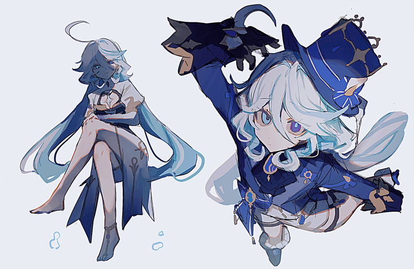 Safebooru - 2girls ahoge arm up bare legs barefoot blue eyes blue hat blue nails closed mouth ...