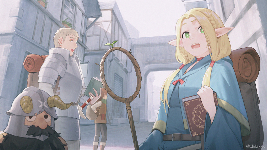 Safebooru - armor backpack bag blonde hair blue robe book braid brown hair chilakkk chilchuck ...