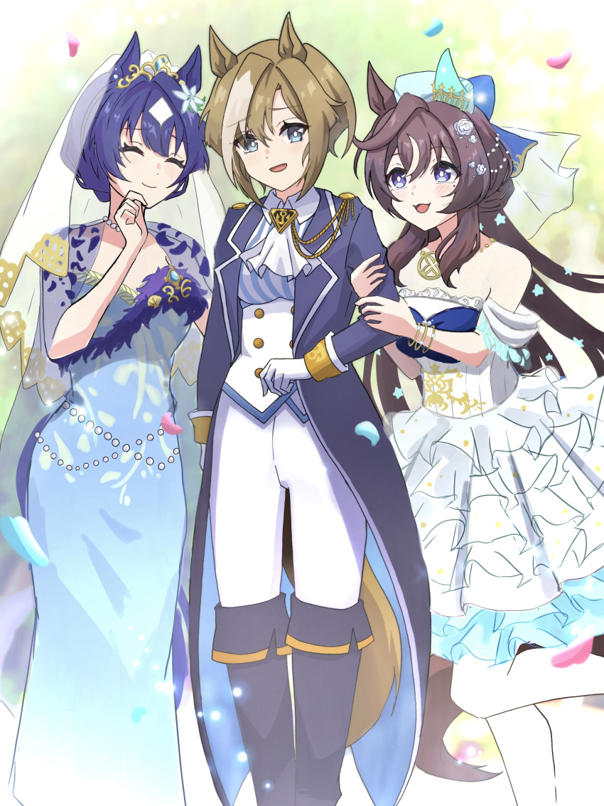 Safebooru - 3girls absurdres alternate costume animal ears bare shoulders black footwear blue ...