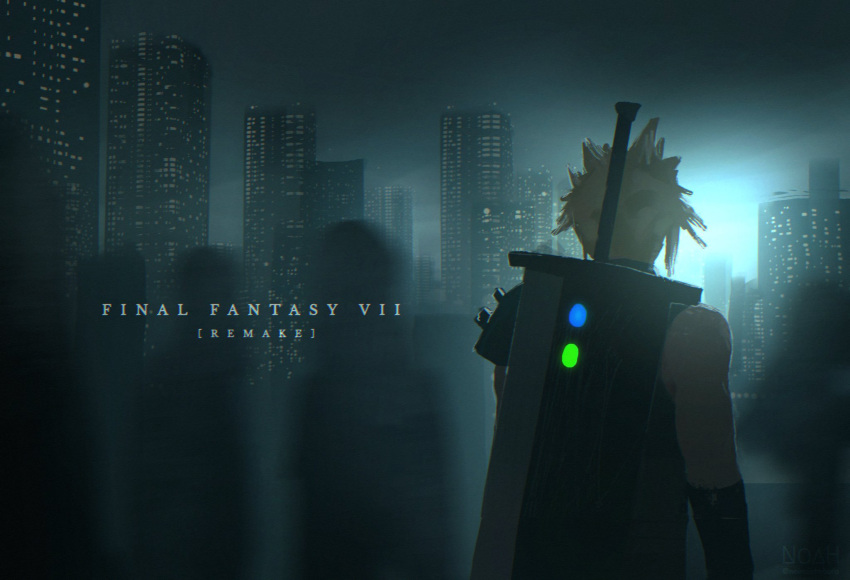 Safebooru - 1boy armor blonde hair buster sword city lights cityscape cloud strife facing away ...