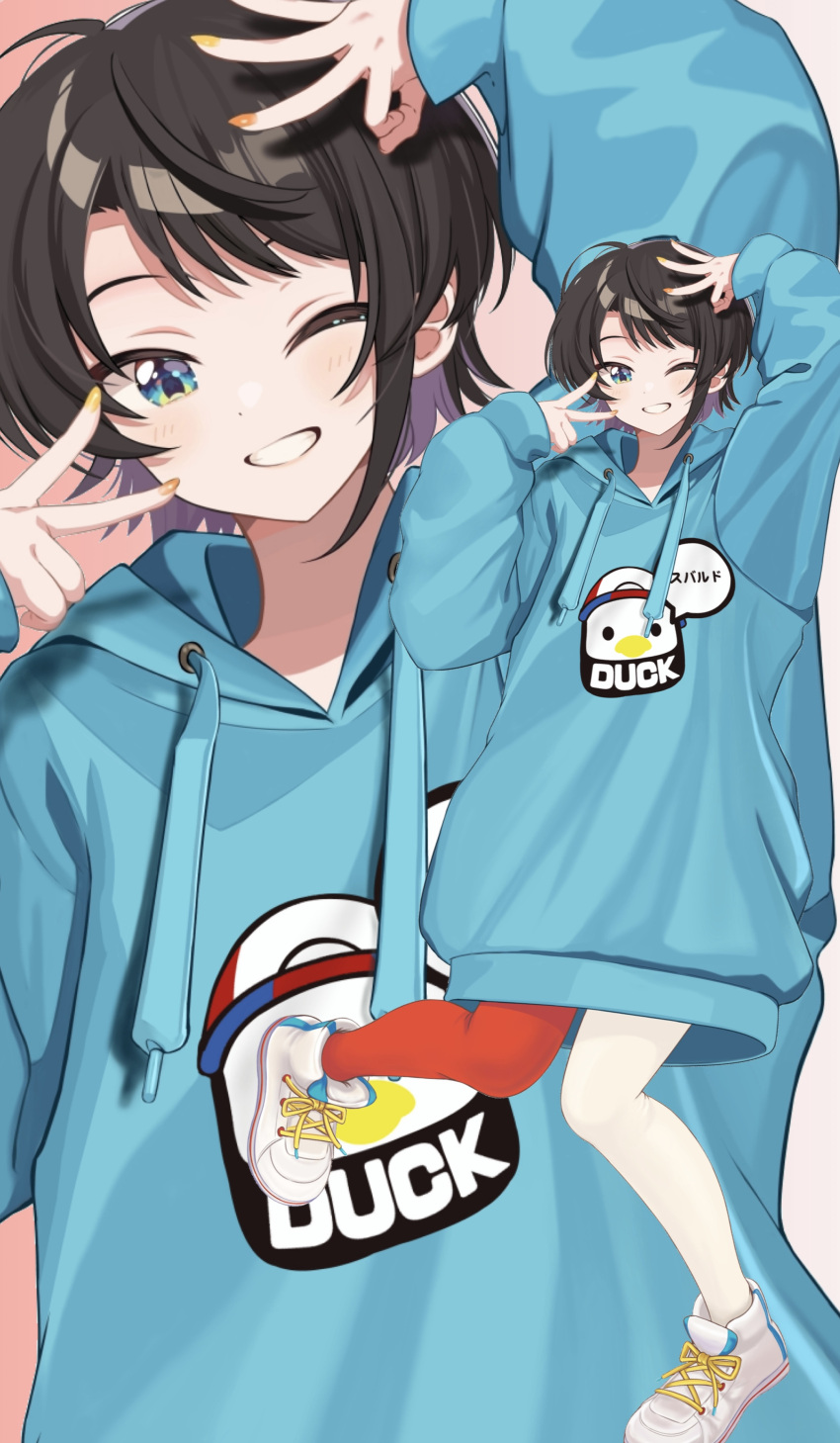 Safebooru - 1girl absurdres alternate costume black hair blue eyes blue hoodie commentary ...
