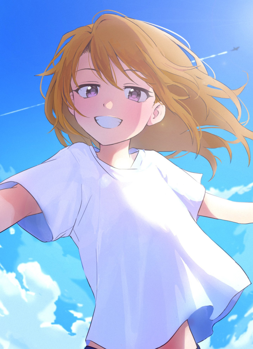 Safebooru - 0141 ok 1girl blue sky blush clouds commentary request contrail floating hair grin ...